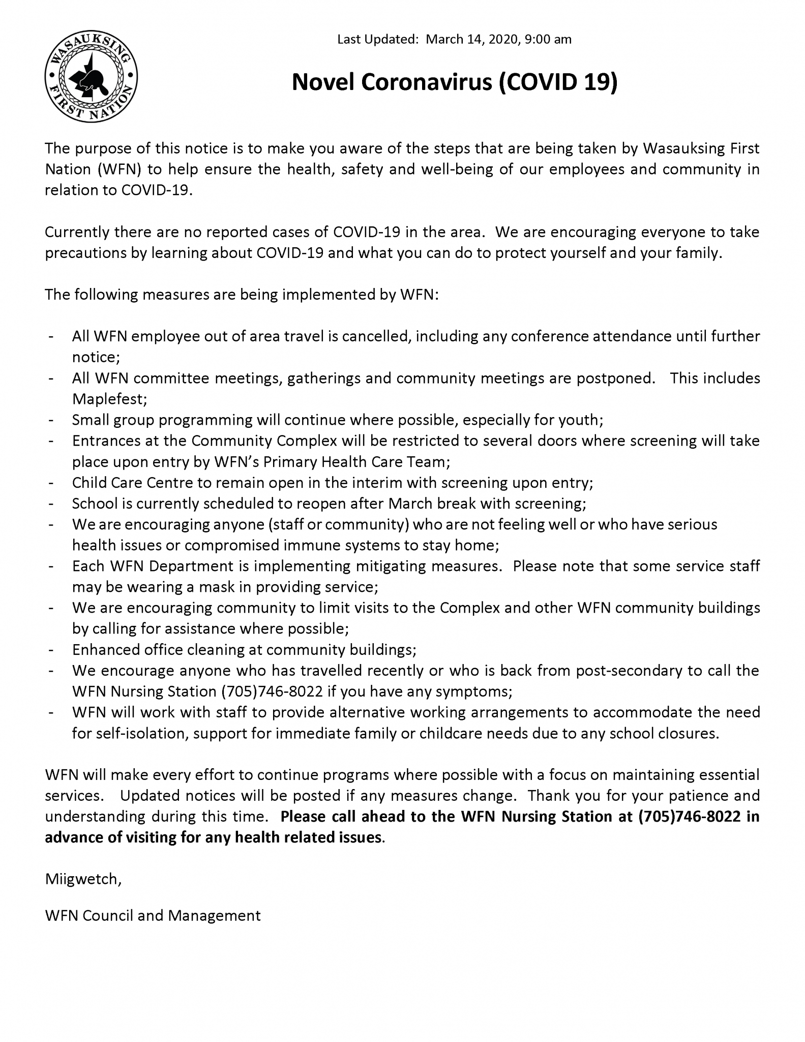 COVID-19 Wasauksing First Nation Notice – Wasauksing First Nation