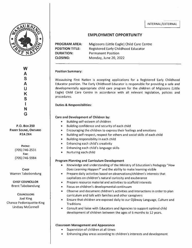 Registered Early Childhood Educator Closing June 20th Wasauksing