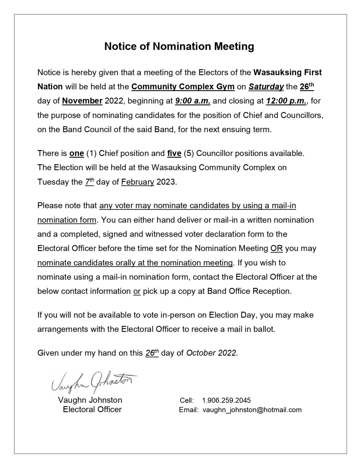 Notice of Nomination Meeting – Wasauksing First Nation
