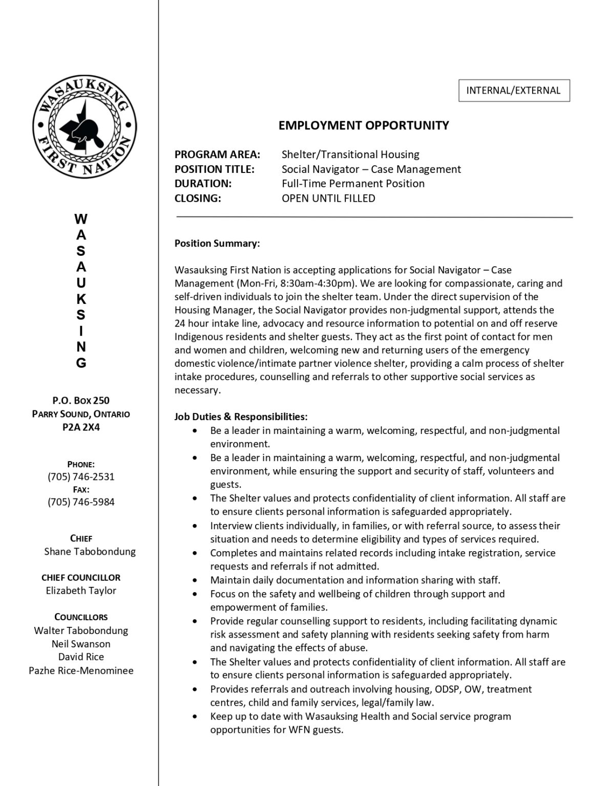 Social Navigator/Case Management – Open Until Filled – Wasauksing First ...